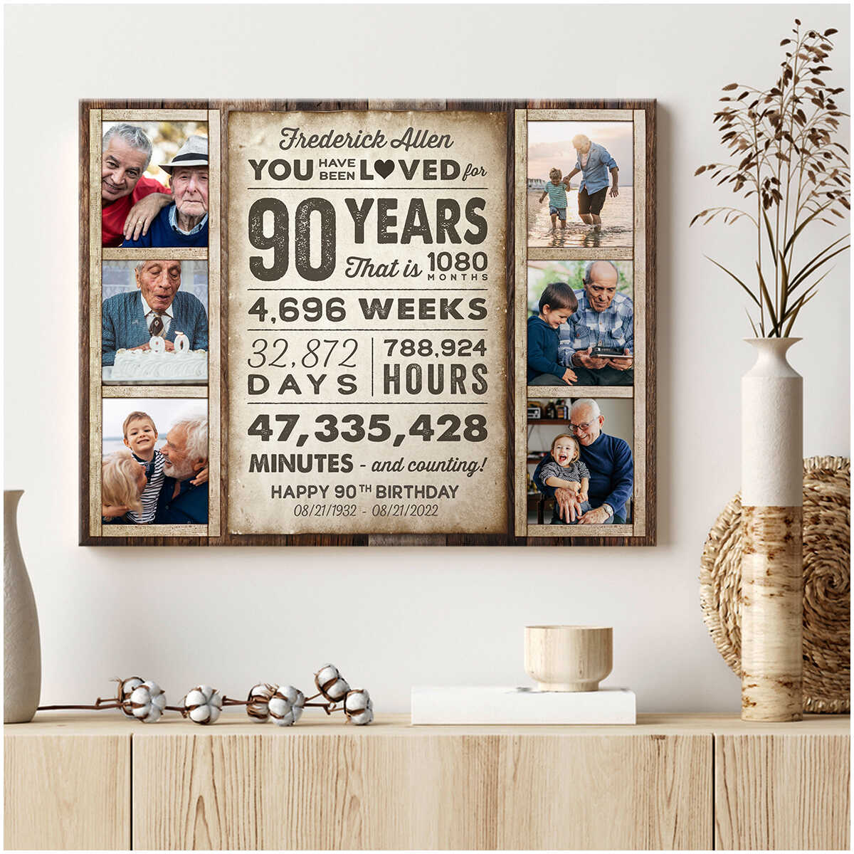 Personalized Gift For 90th Birthday Ninety Birthday Gift Canvas Print Wrapped Canvas 14x11 inches