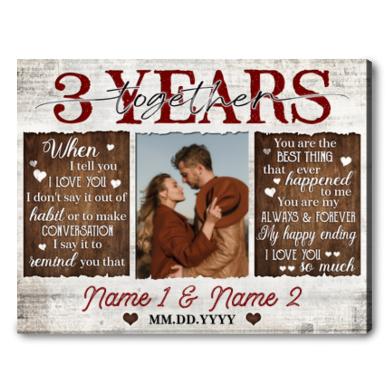 Happy 3 Years Together Custom Photo Couple Canvas Print