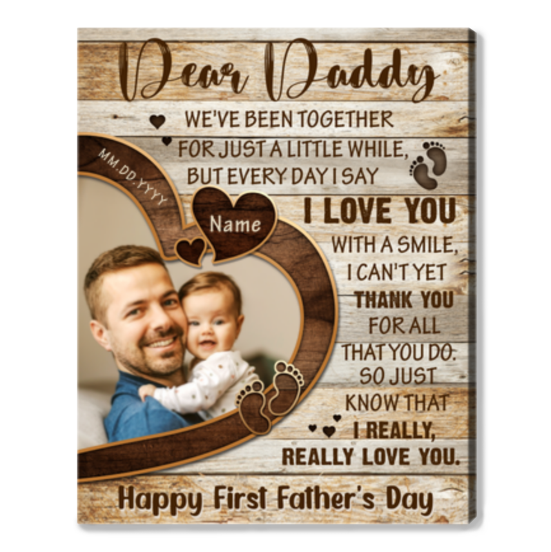 1st Father's Day Custom Heart-Shaped Photo Canvas Print For Dad