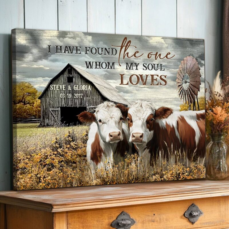 Rustic Old Barn Couple Hereford Cattle Farmhouse Art Custom Couple Name ...