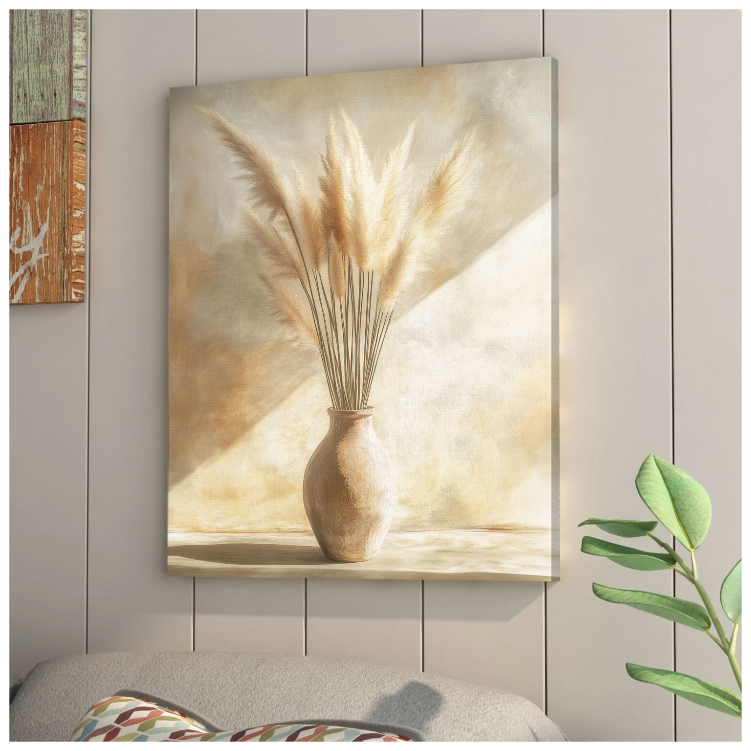Pampas Grass Minimal Boho Wall Art – Neutral Ceramic Vase